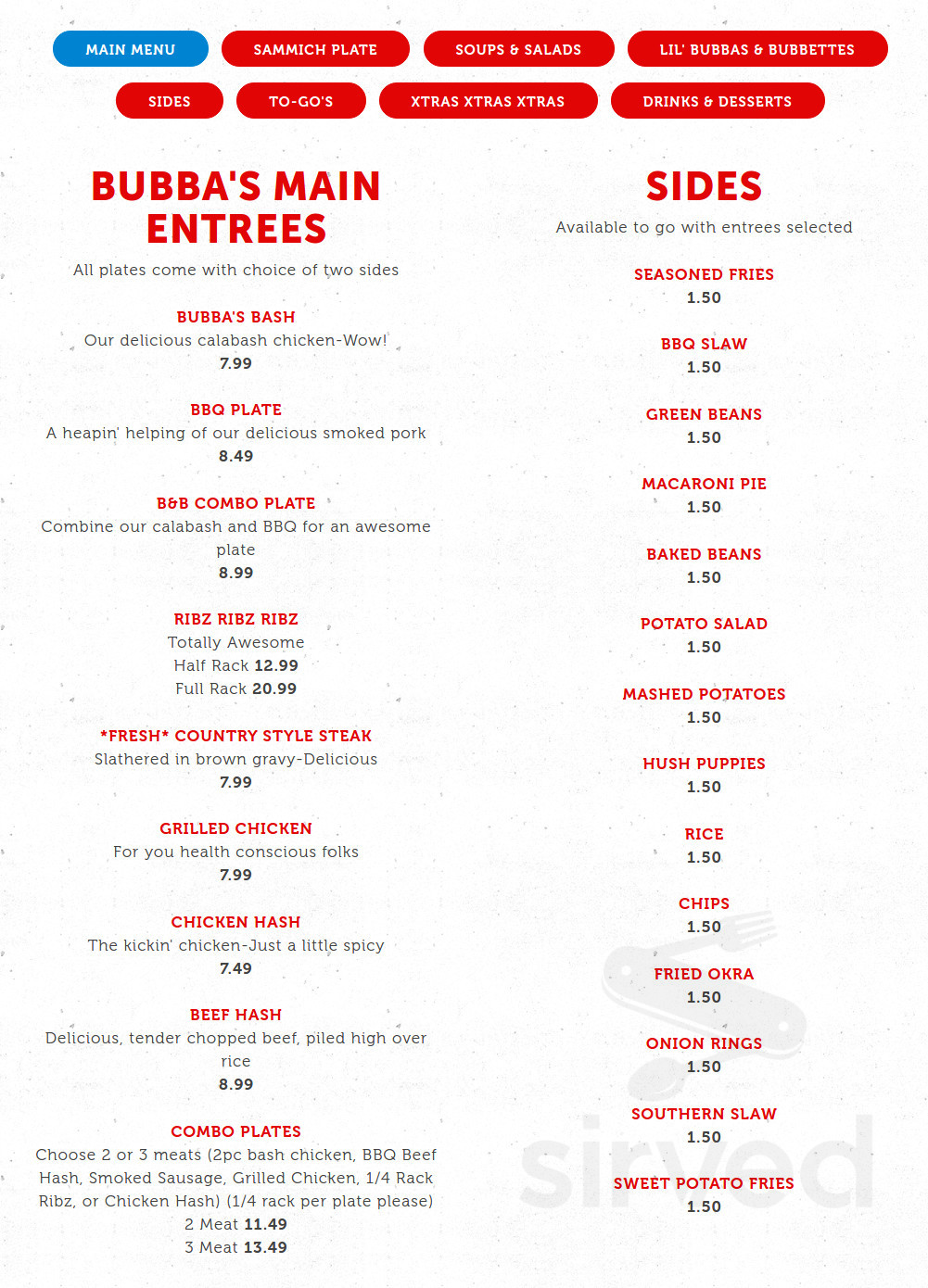 Bubbas BBQ Bash menu in Spartanburg, South Carolina, USA