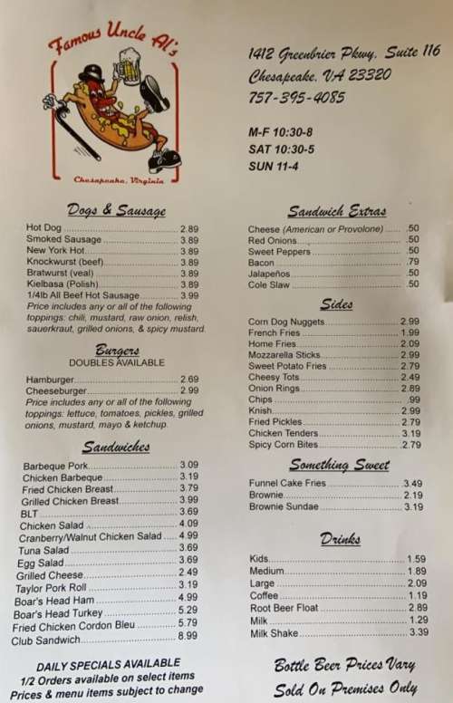 Famous Uncle Al's menu in Chesapeake, Virginia, USA