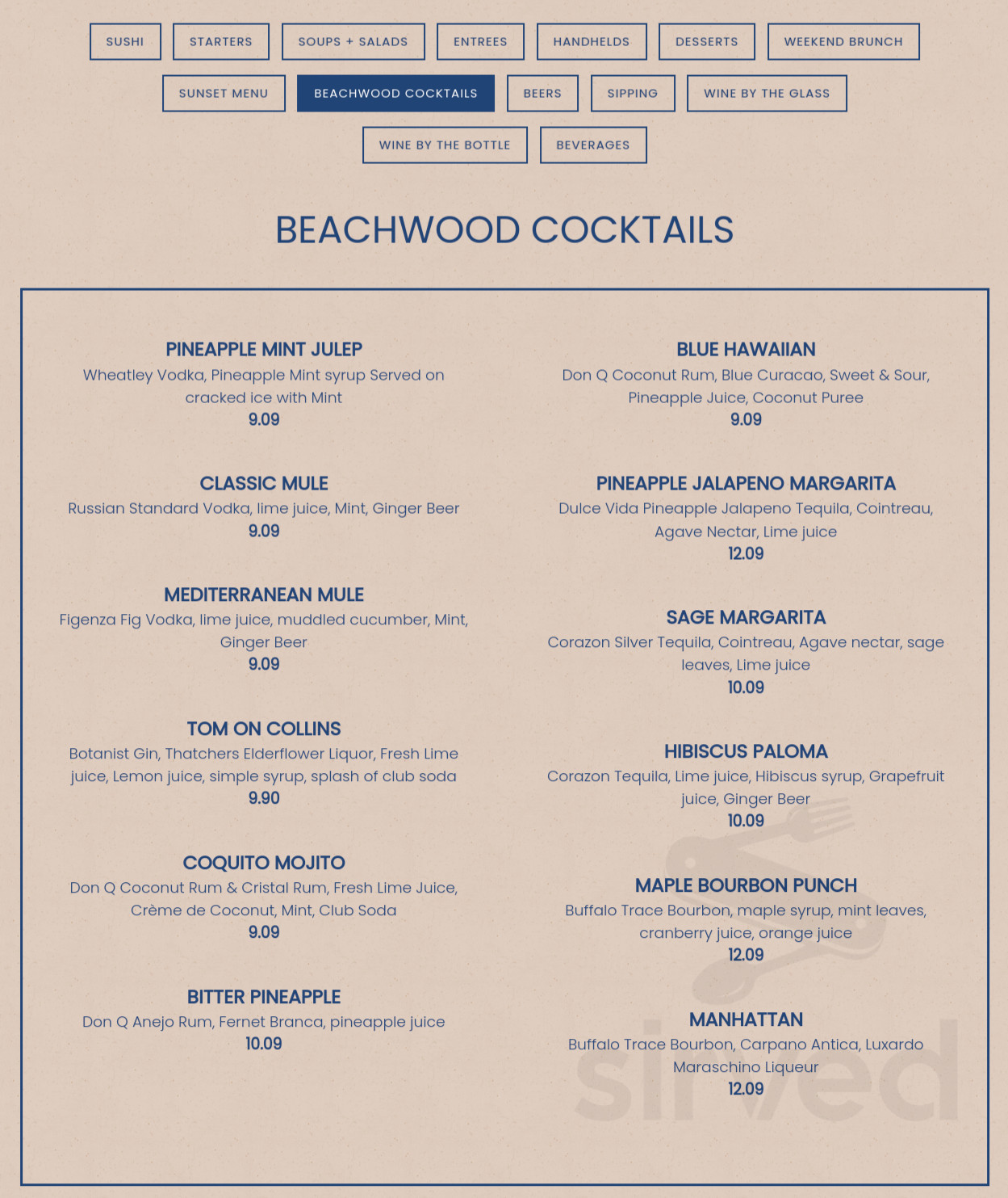 Beachwood Seafood Kitchen & Bar menu in Oldsmar, Florida, USA