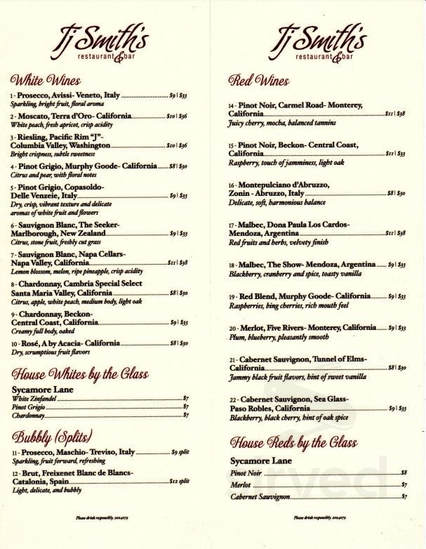 Tj Smith's restaurant & bar menu in Warrington, Pennsylvania, USA