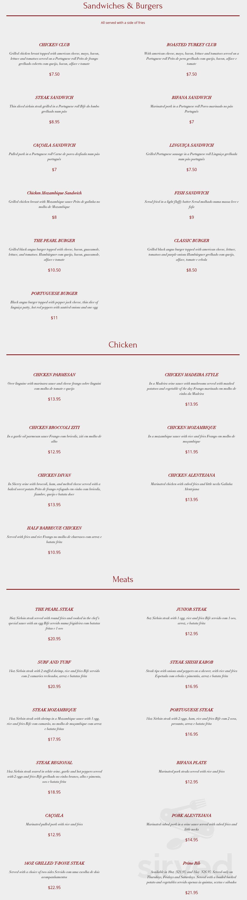 The Pearl menu in Taunton, Massachusetts, USA