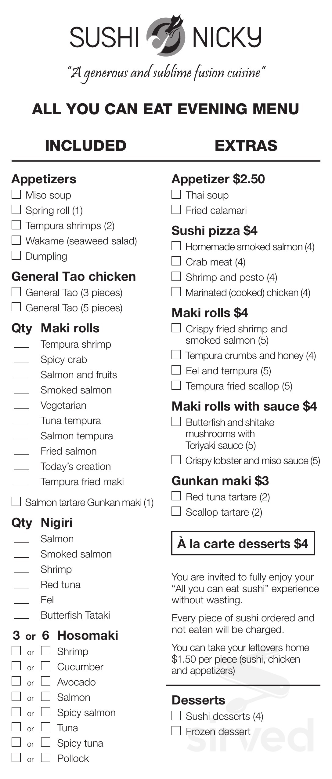 Nicky Sushi menu in Québec, Quebec, Canada