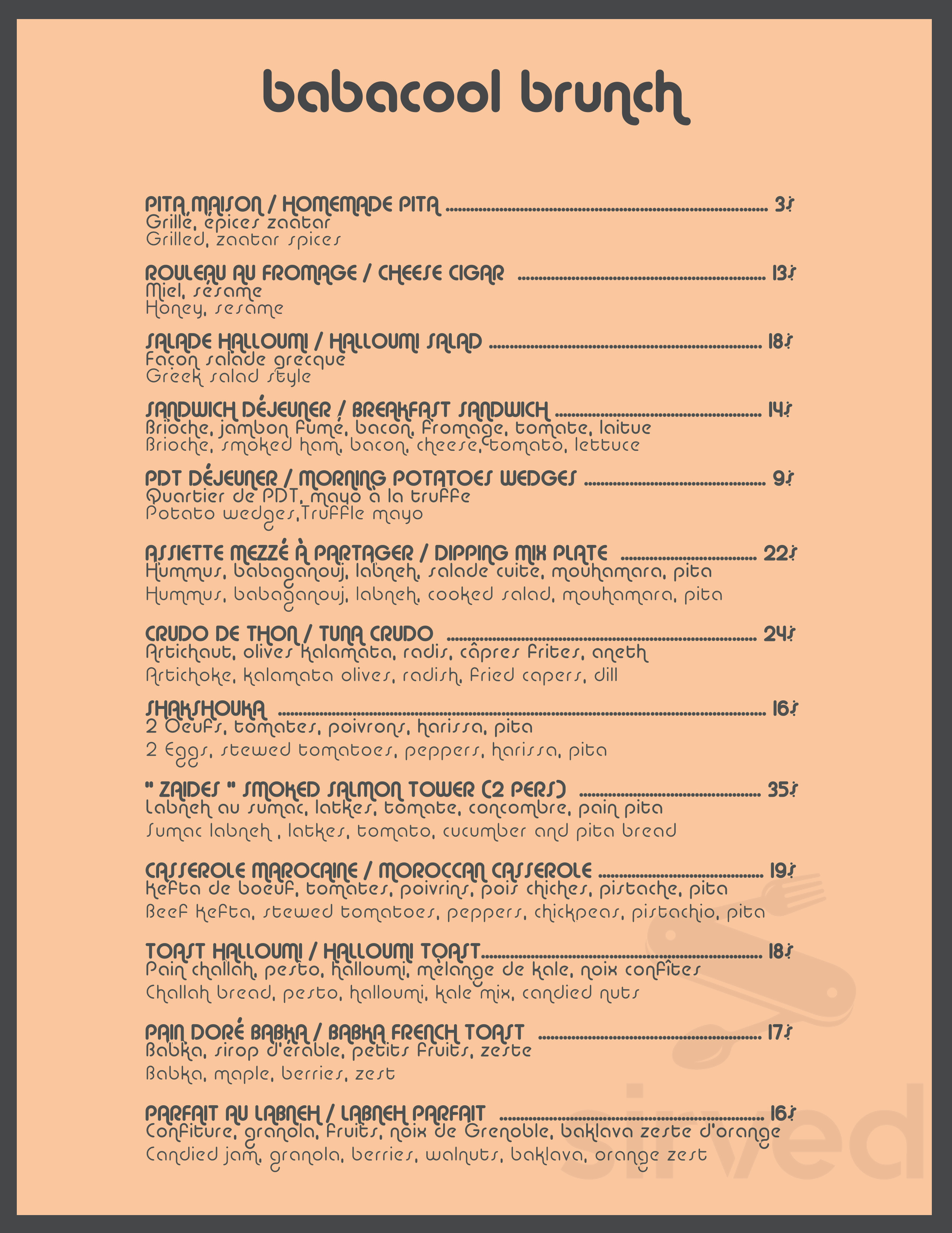 Menu - Montréal QC's Babacool MTL | Sirved