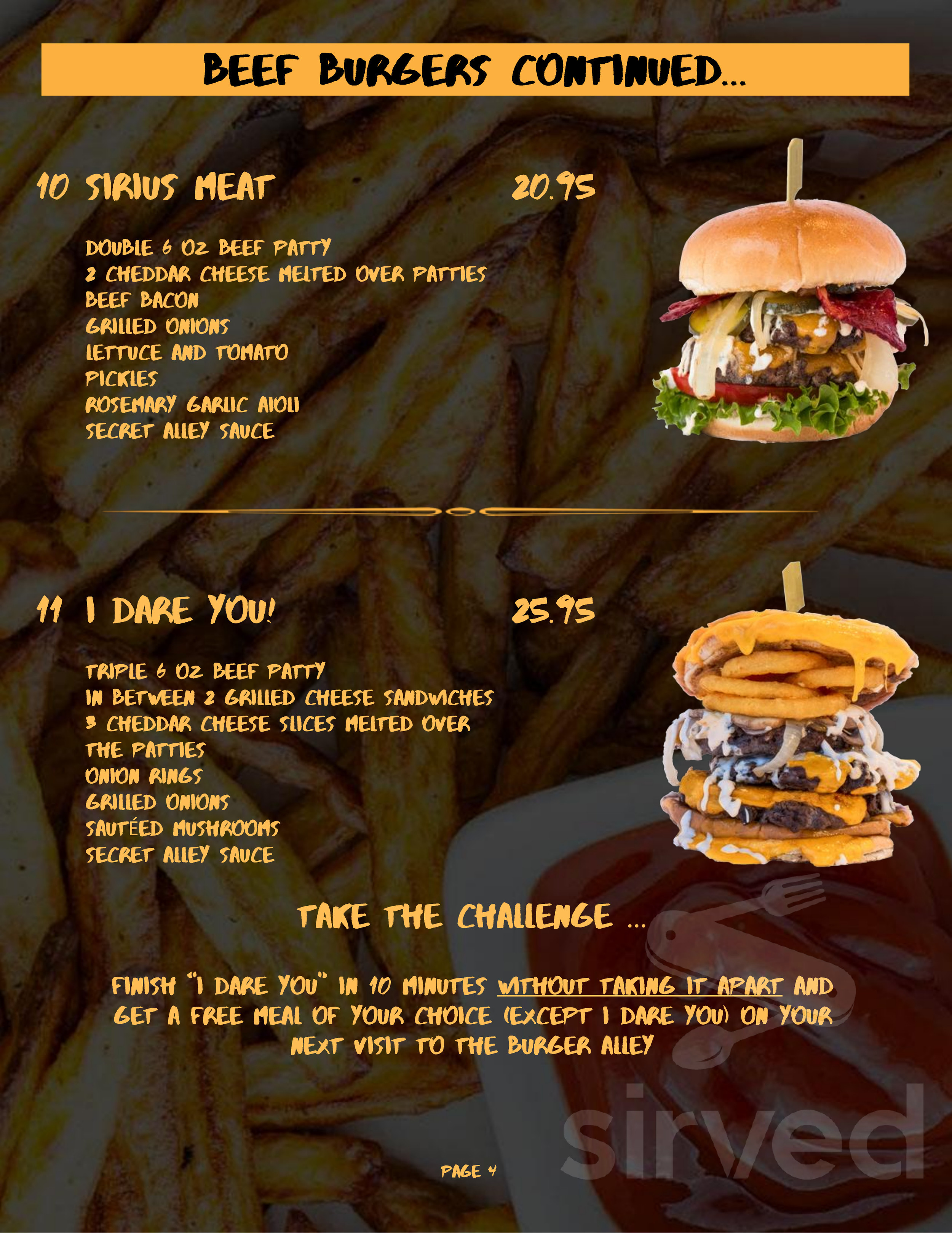 Menu - Scarborough ON's The Burger Alley | Sirved