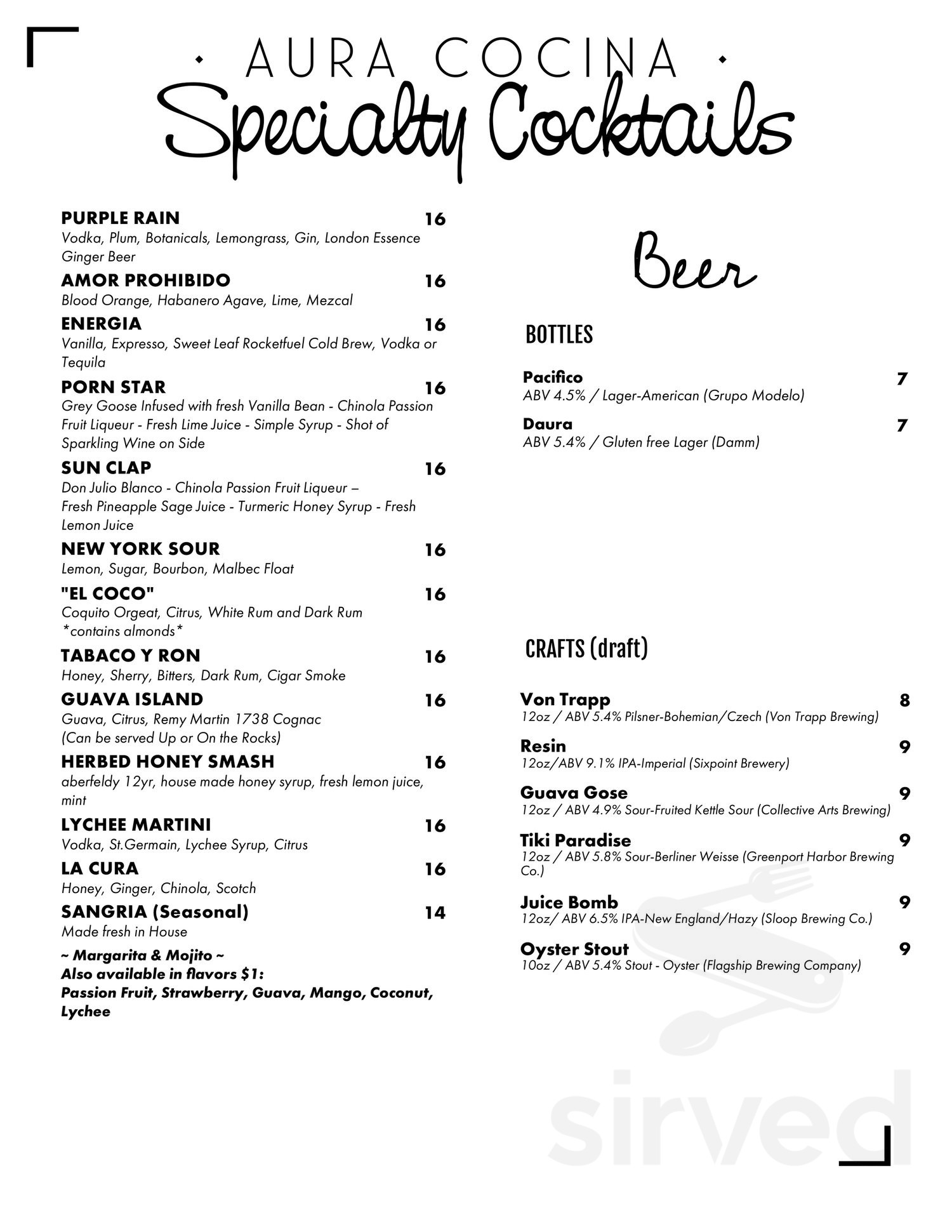 Aura Cocina menu in Brooklyn, New York, USA