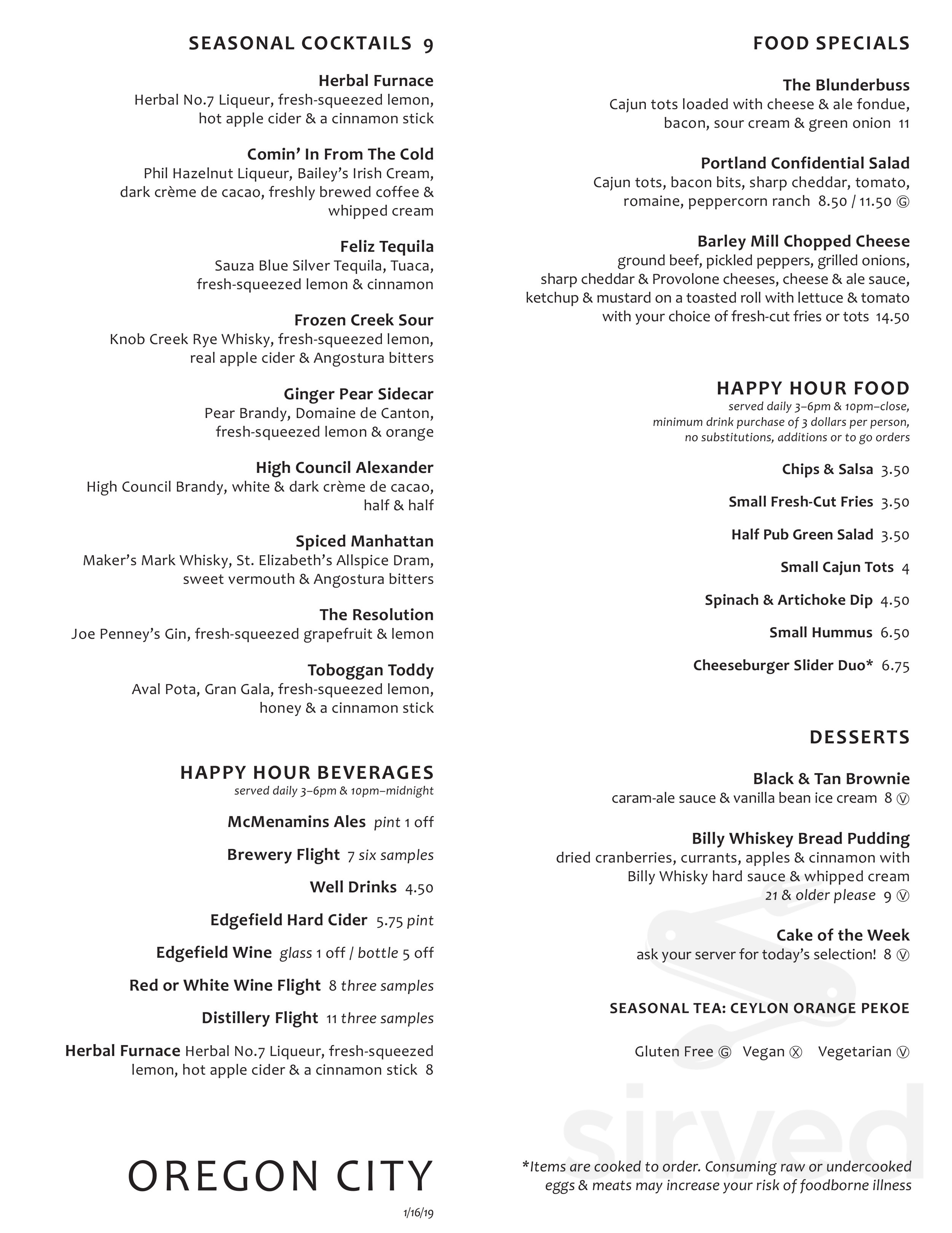 Menu - Oregon City OR's McMenamins Oregon City | Sirved
