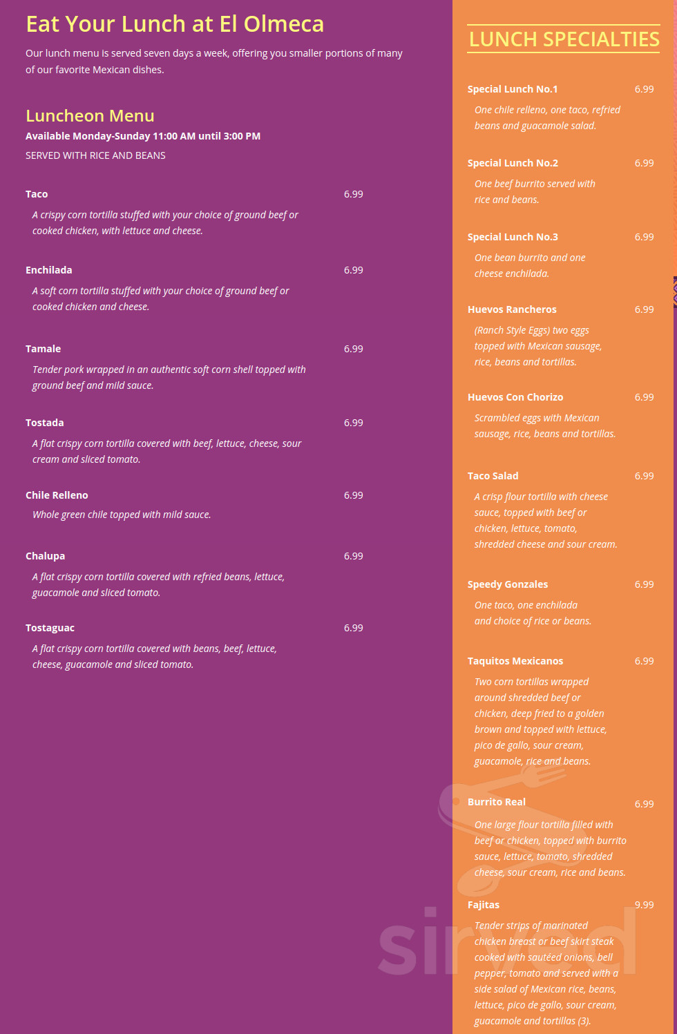 El Olmeca Mexican Restaurant menu in Huntsville, Alabama, USA