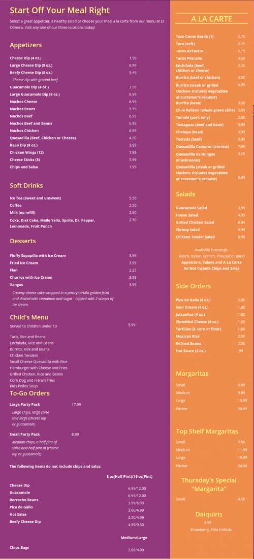 El Olmeca Mexican Restaurant menu in Huntsville, Alabama, USA