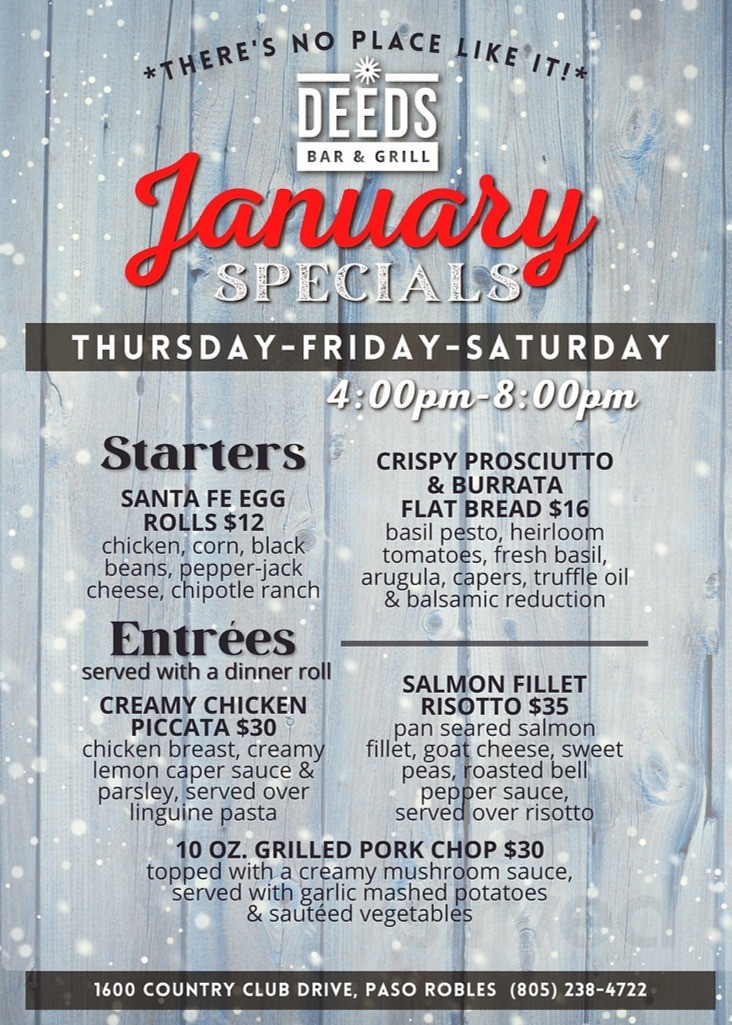 Deeds Bar & Grill menu in Paso Robles, California, USA