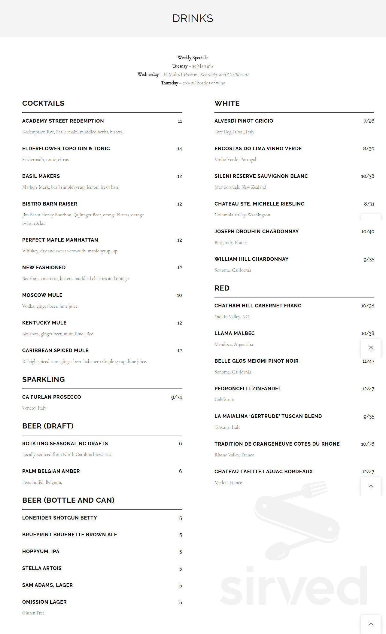 Academy Street Bistro menu in Cary, North Carolina, USA