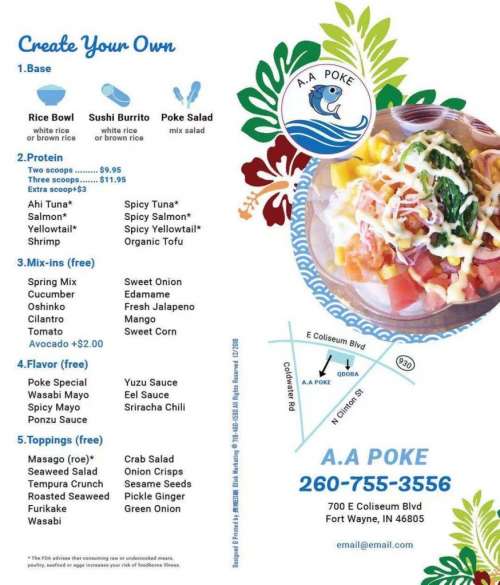 AA POKE menu in Fort Wayne, Indiana, USA