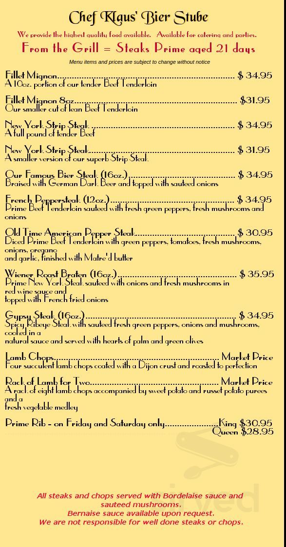 Chef Klaus' Bier Stube menu in Frankfort, Illinois, USA