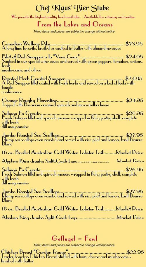 Chef Klaus' Bier Stube menu in Frankfort, Illinois, USA