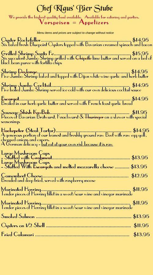 Chef Klaus' Bier Stube menu in Frankfort, Illinois, USA