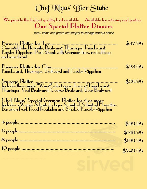 Chef Klaus' Bier Stube menu in Frankfort, Illinois, USA