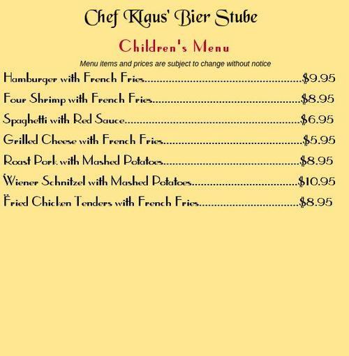 Chef Klaus' Bier Stube menu in Frankfort, Illinois, USA