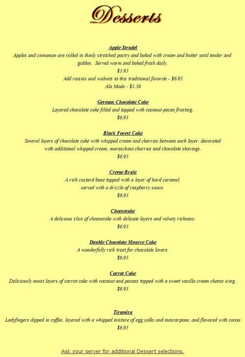 Chef Klaus' Bier Stube menu in Frankfort, Illinois, USA