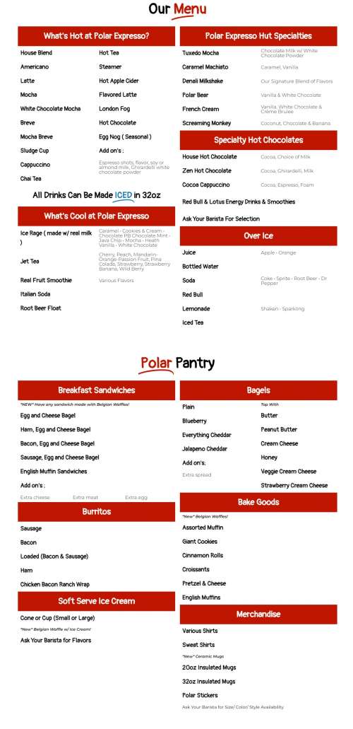 North Polar Expresso menu in North Pole, Alaska, USA