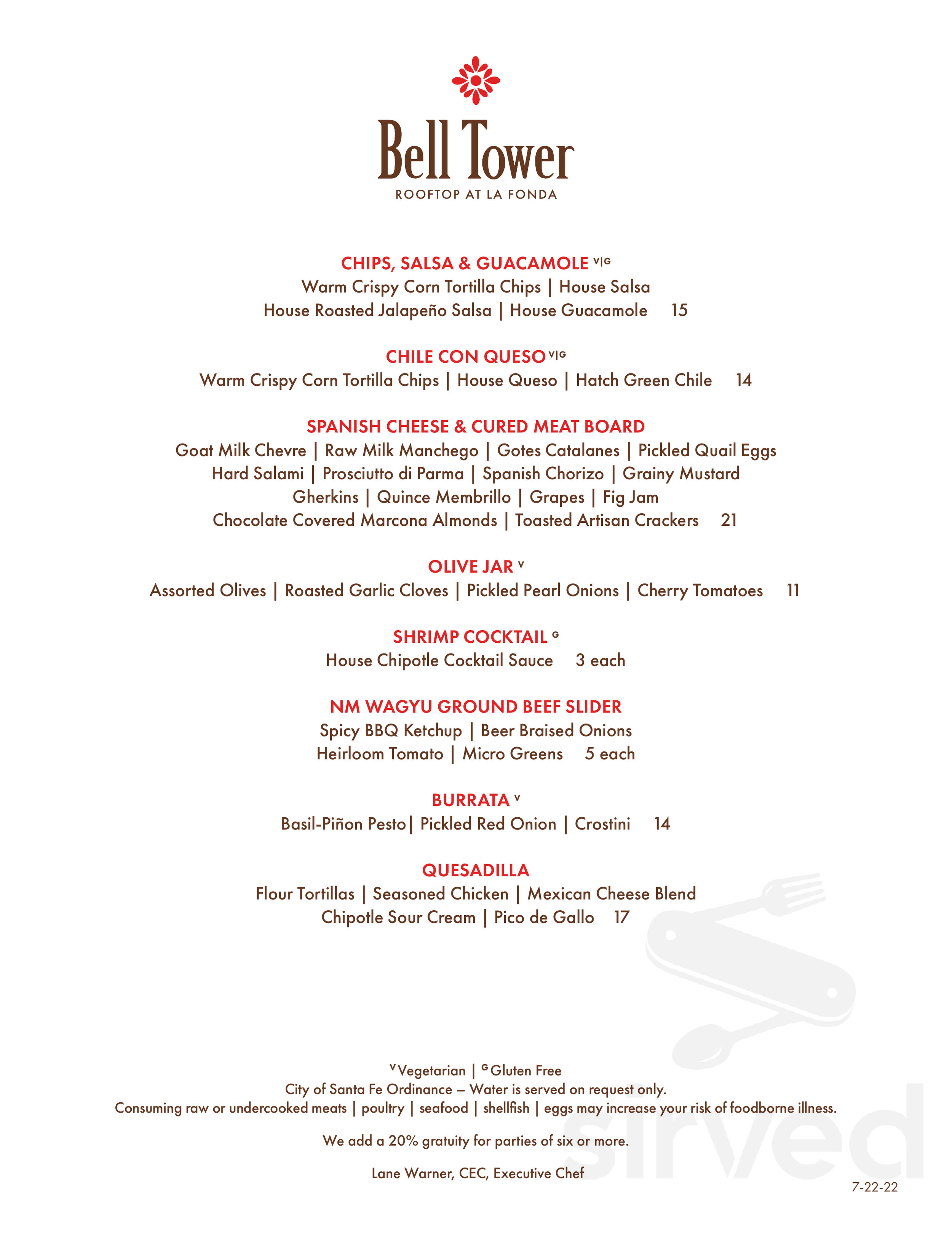 Menu for The Bell Tower Bar in Santa Fe, NM | Sirved