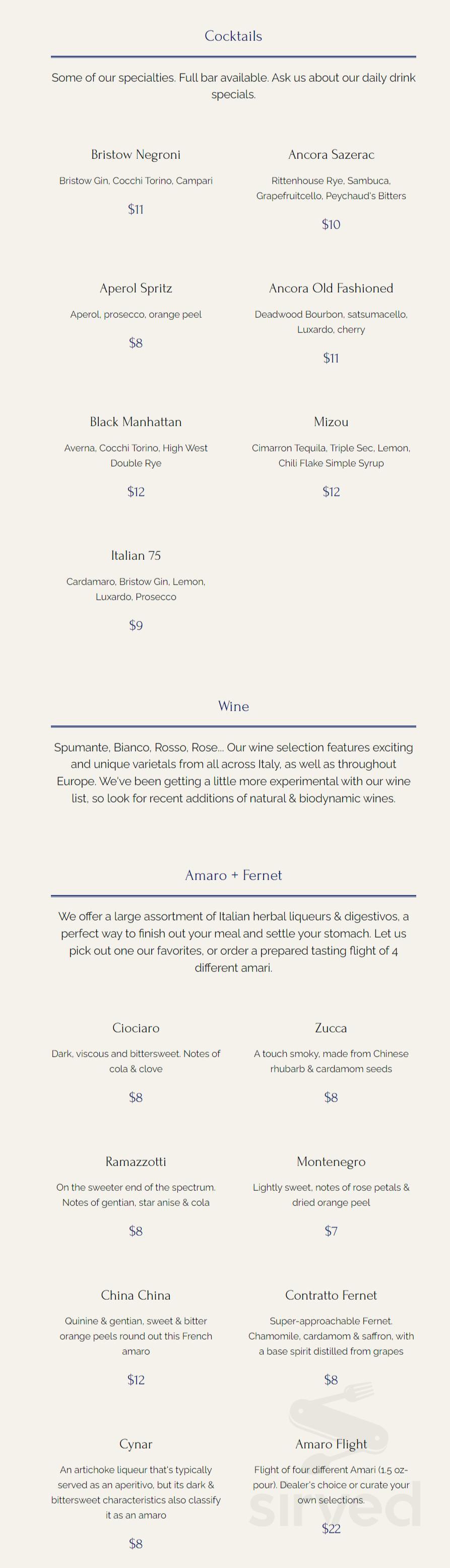Ancora Pizzeria menu in New Orleans, Louisiana, USA