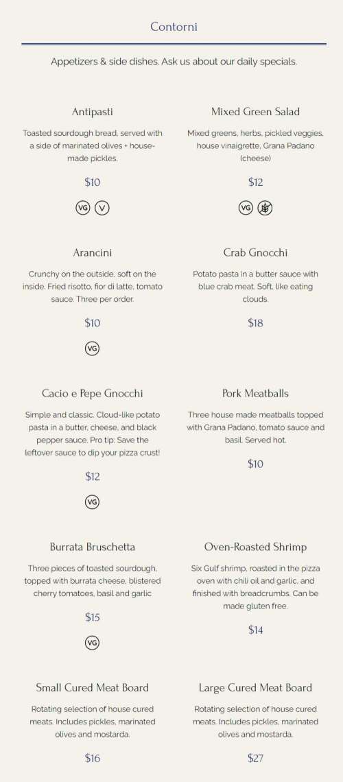 Ancora Pizzeria menu in New Orleans, Louisiana, USA