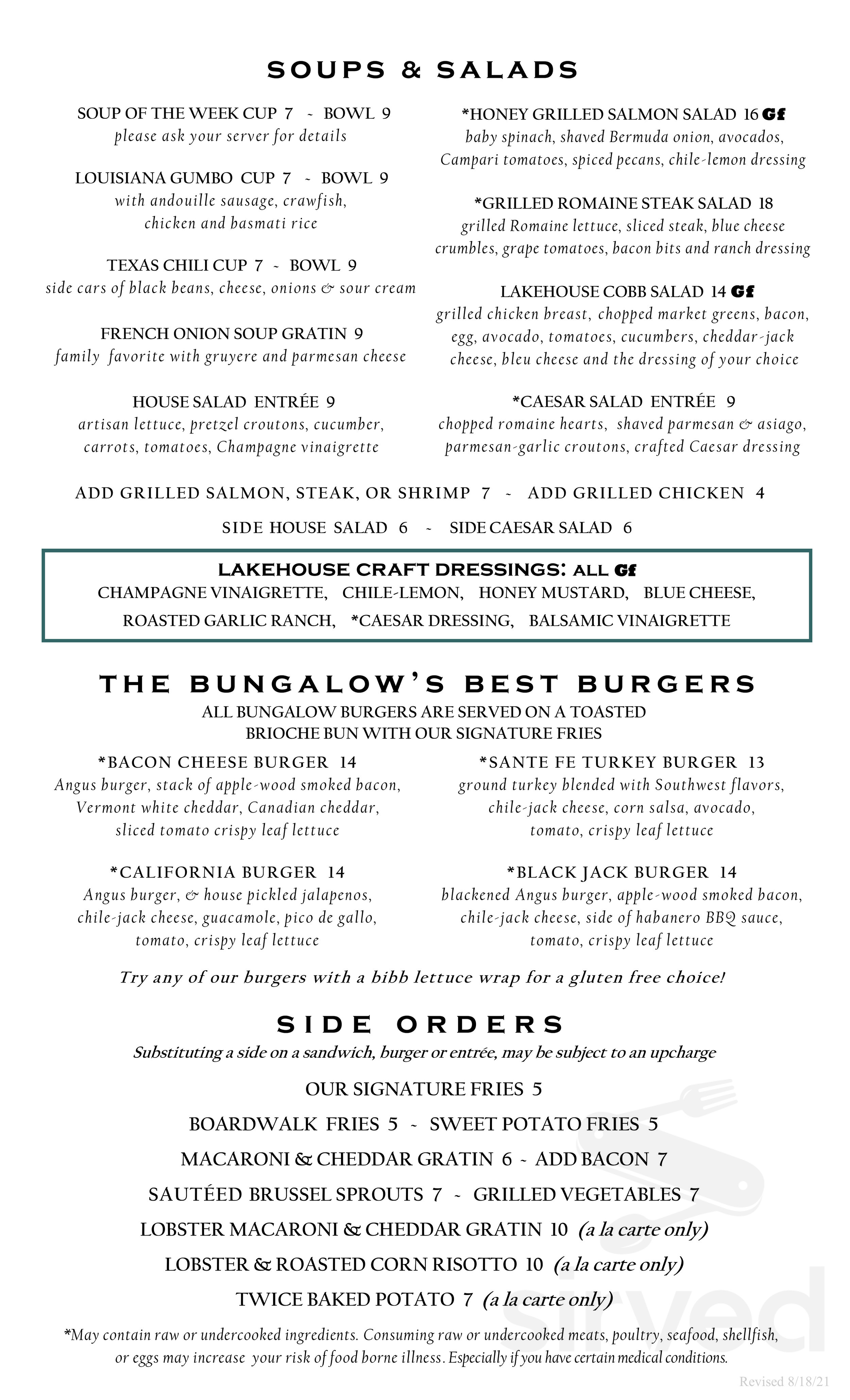 The Bungalow Lakehouse menu in Sterling, Virginia, USA