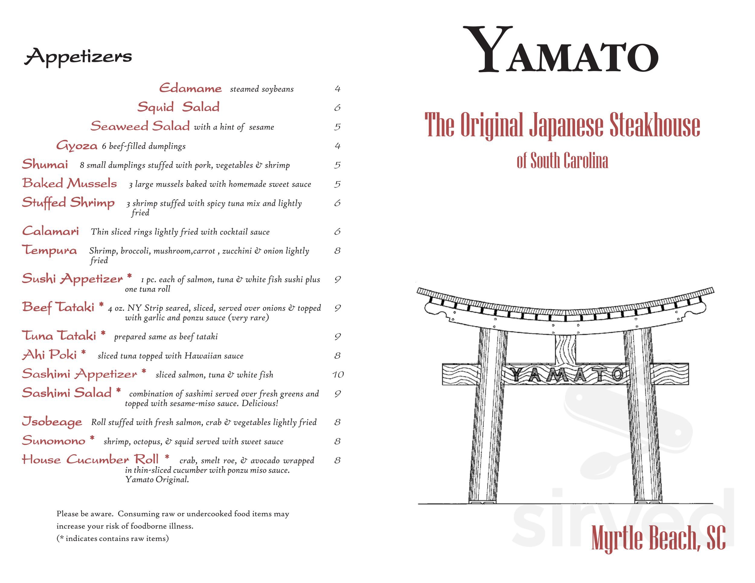 Menu - Columbia SC's Yamato | Sirved