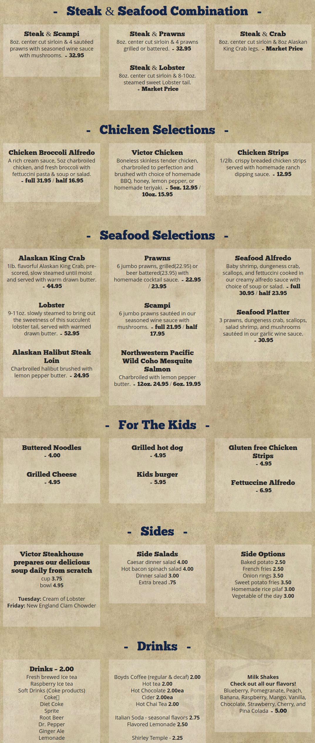 Victor Steakhouse & Lounge menu in Victor, Montana, USA