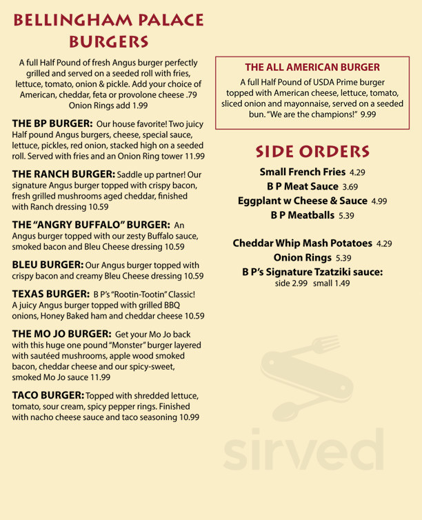 Menu - Bellingham MA's Bellingham Palace | Sirved
