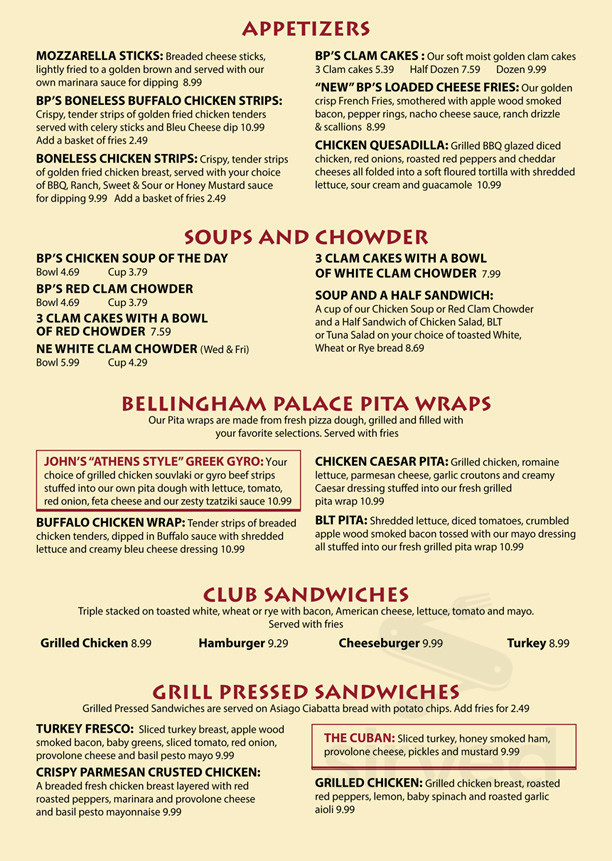 Menu - Bellingham MA's Bellingham Palace | Sirved