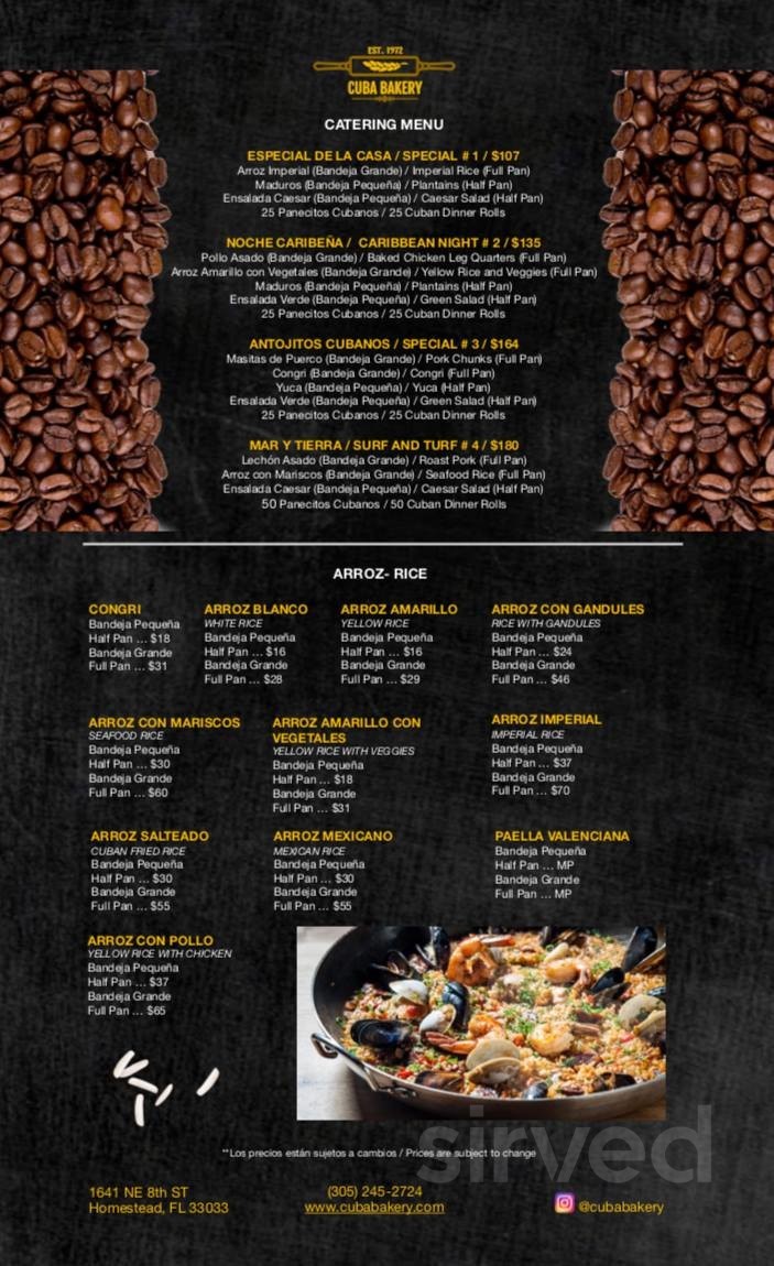Cuba Bakery menu in Homestead, Florida, USA