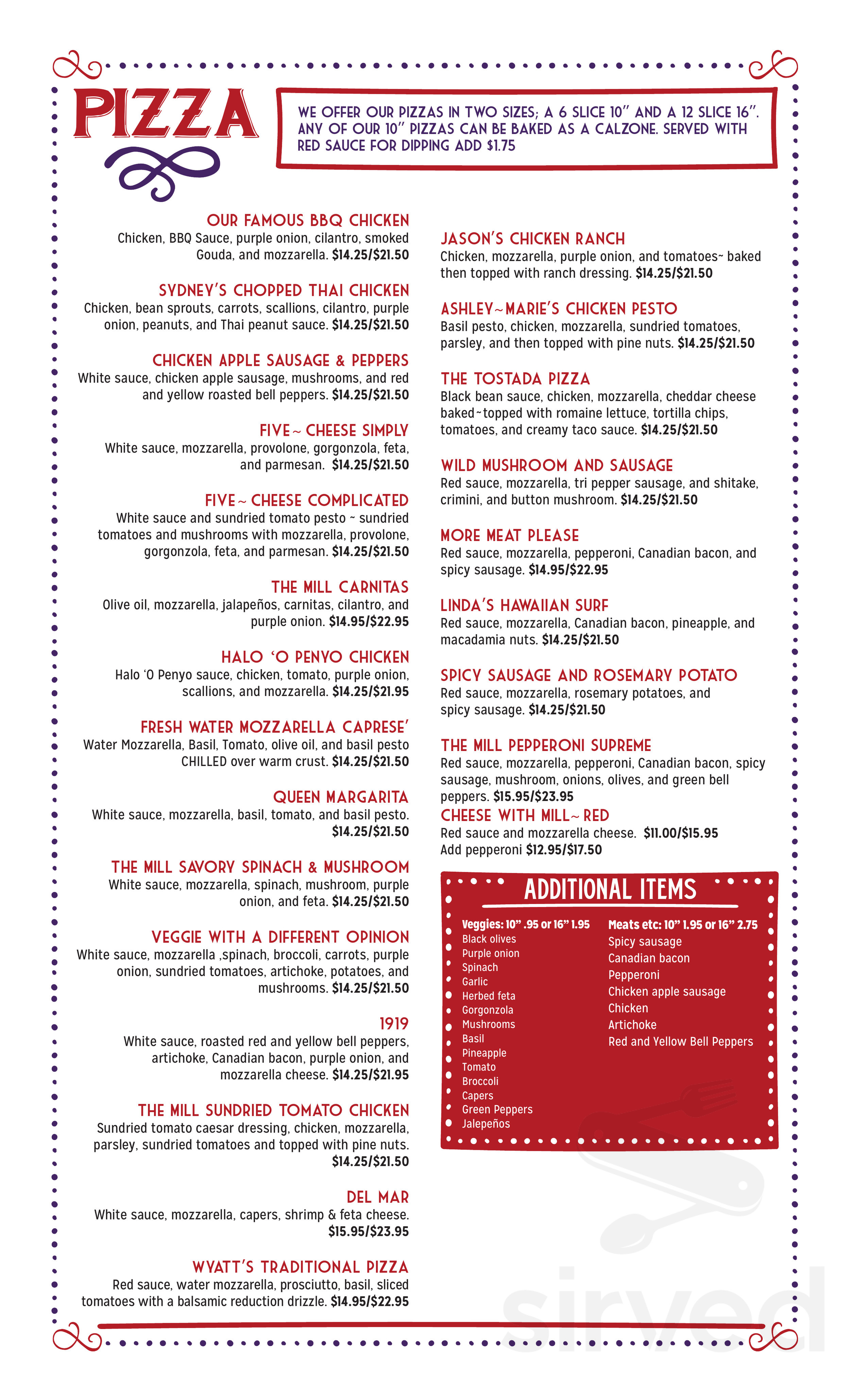 The Mill Restaurant menu in Murrieta, California, USA