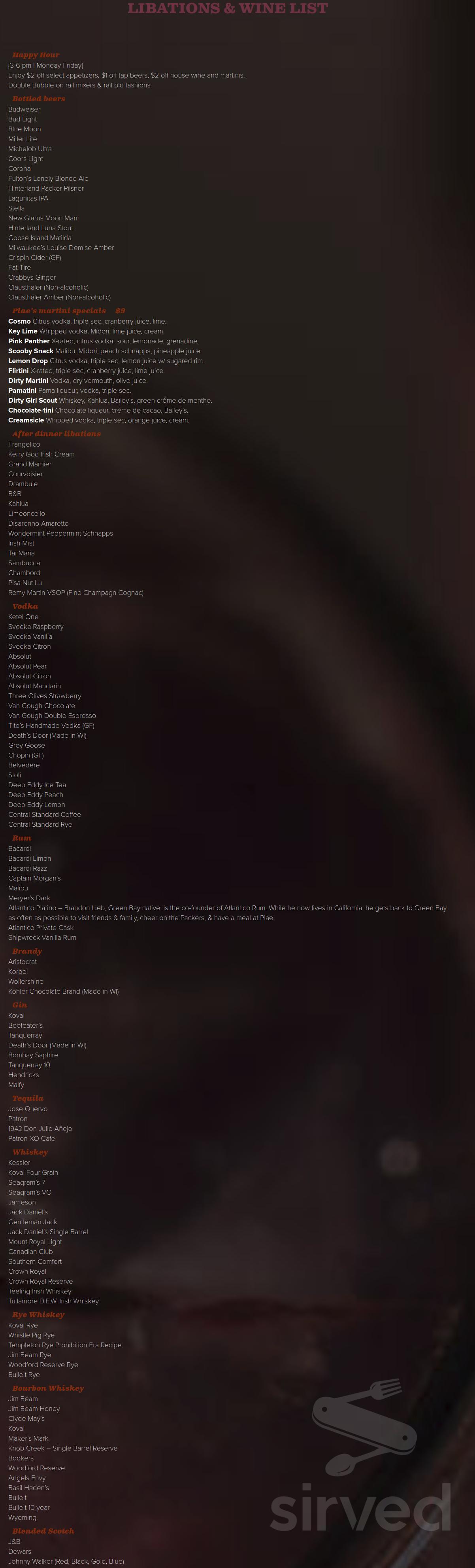 Menu for Plae Bistro in Green Bay, WI | Sirved