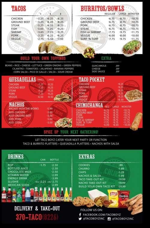 Taco Boyz menu in Charlottetown, Prince Edward Island, Canada