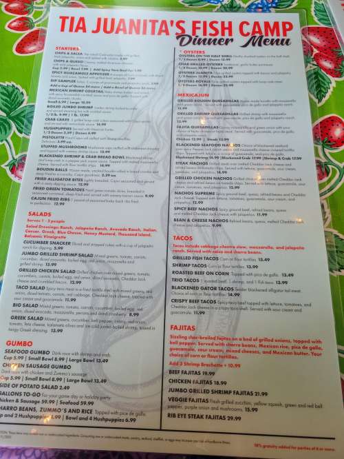 Tia Juanita's Fish Camp menu in Henderson, Texas, USA