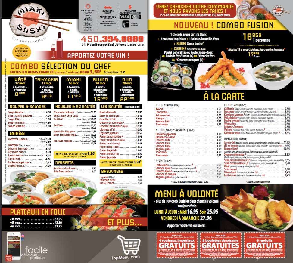 Miaki Sushi menu in Joliette, Quebec, Canada