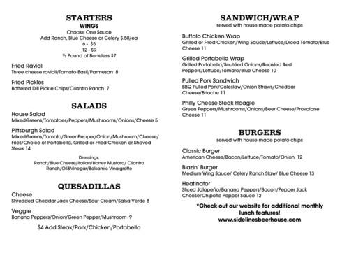 Sidelines Beer House menu in Sewickley, Pennsylvania, USA