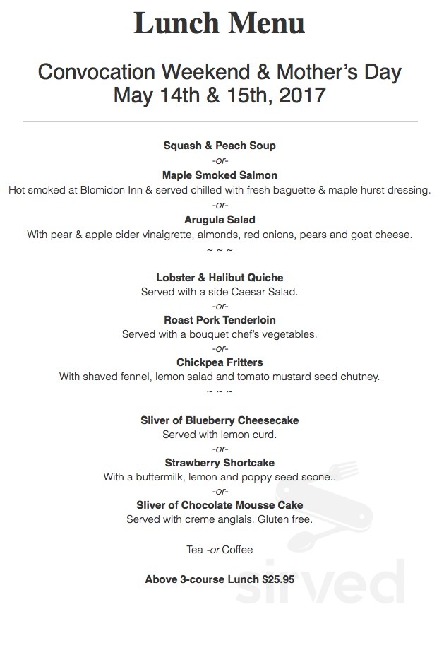 Blomidon Inn menu in Wolfville, Nova Scotia, Canada