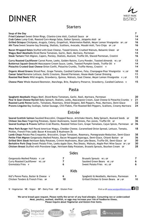 West Park Bistro menu in San Carlos, California, USA