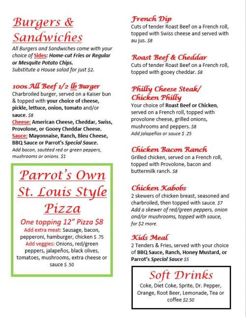 Parrots Bar & Grill menu in St Peters, Missouri, USA