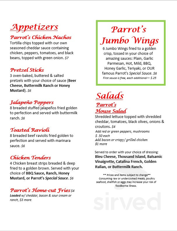Menu - St Peters MO's Parrots Bar & Grill | Sirved