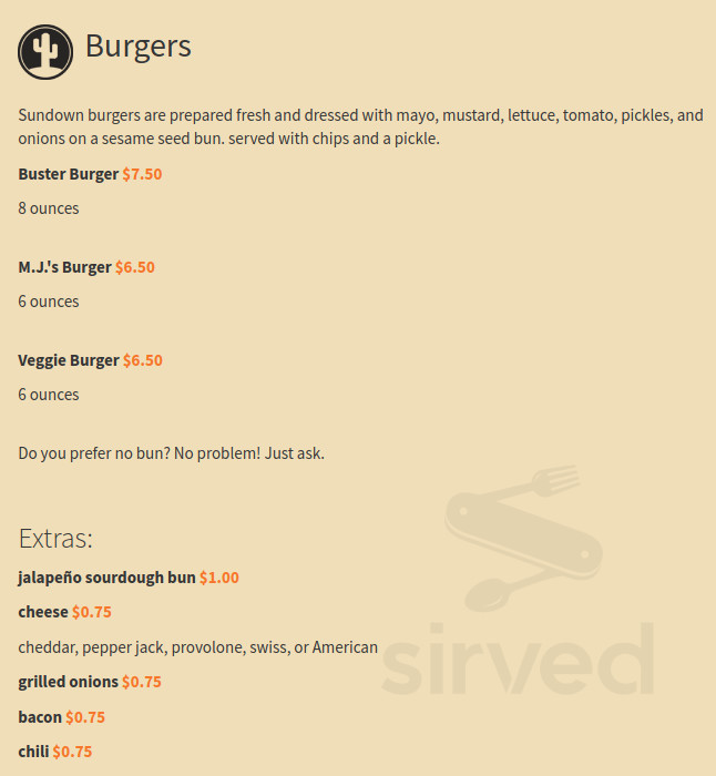 Sundown Tavern menu in Ruston, Louisiana, USA