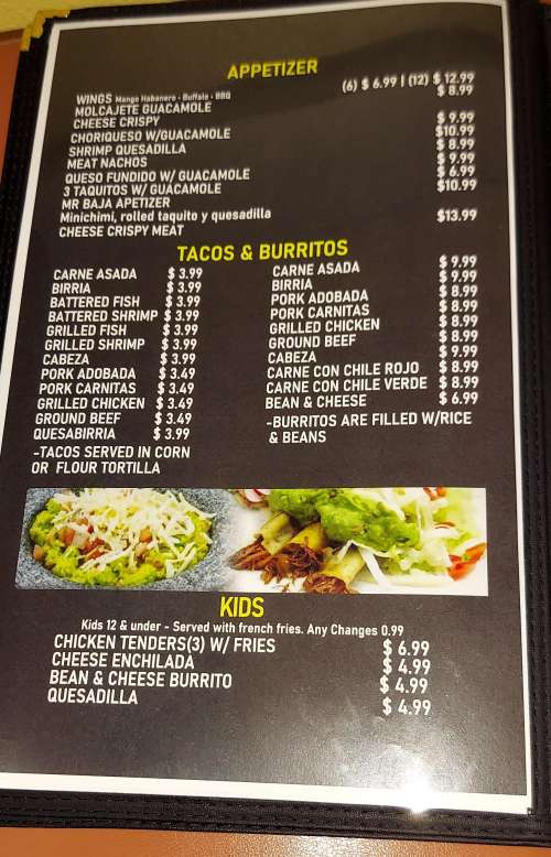 Mr. Baja menu in Casa Grande, Arizona, USA