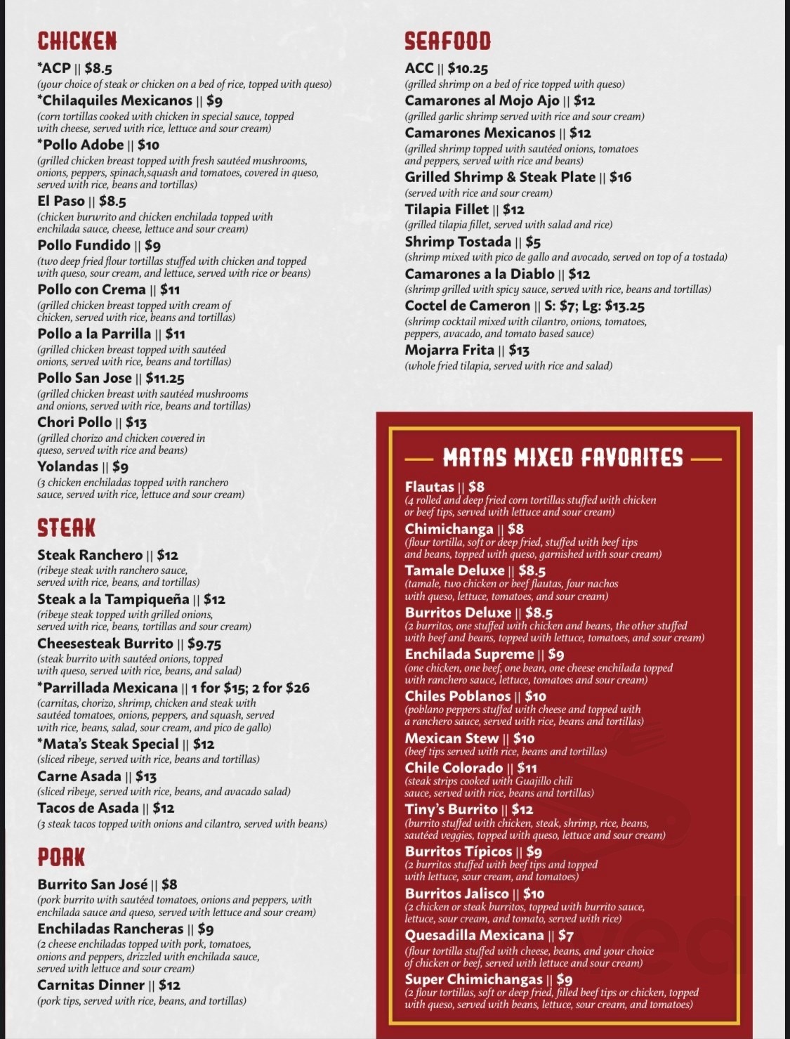 Mata's Mexican Bar and Grill menu in Spartanburg, South Carolina, USA