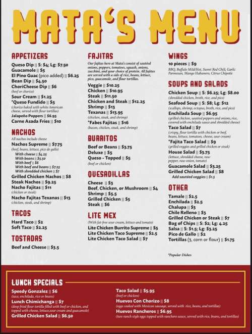 Mata's Mexican Bar and Grill menu in Spartanburg, South Carolina, USA