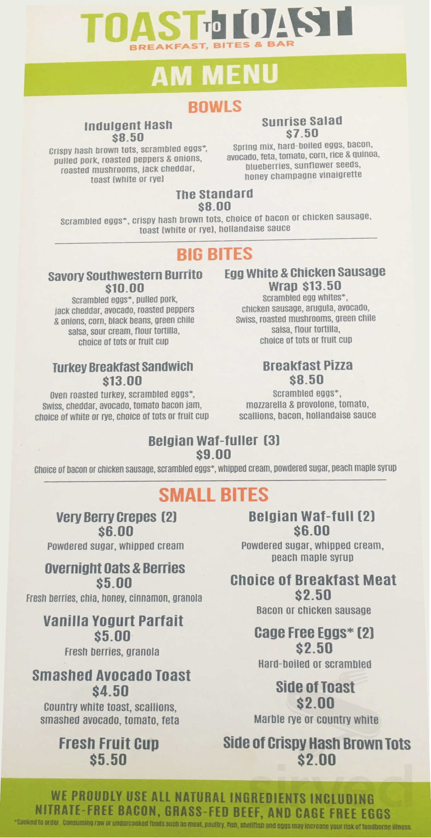 Menu - Fayetteville NC's Toast to Toast Breakfast, Bites & Bar | Sirved
