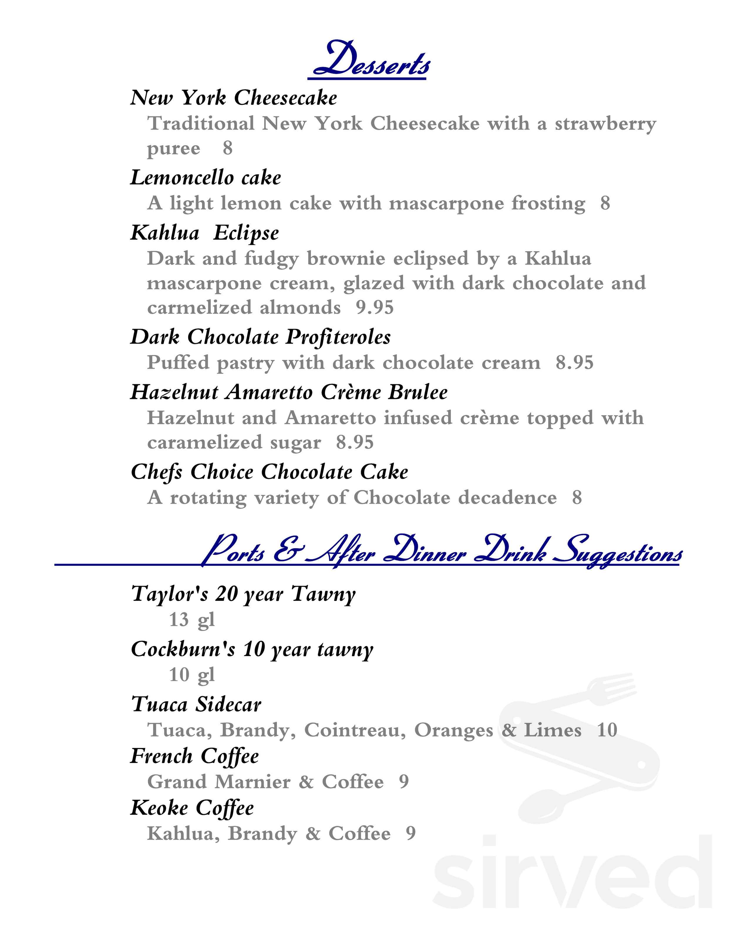 Cliff House Restaurant menu in Tacoma, Washington, USA
