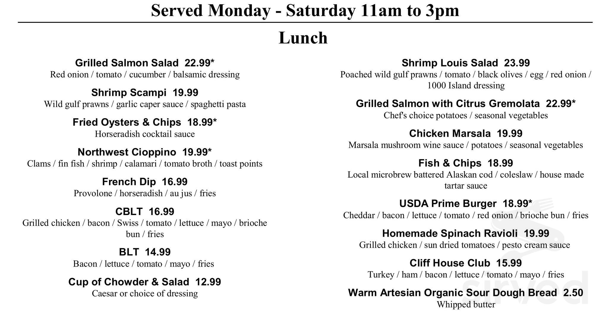 Cliff House Restaurant menu in Tacoma, Washington, USA