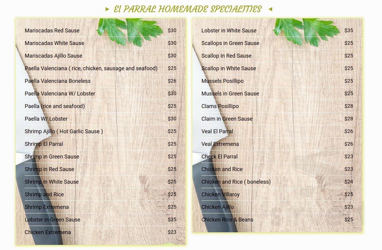 Menu - Syosset NY's El Parral Restaurant | Sirved