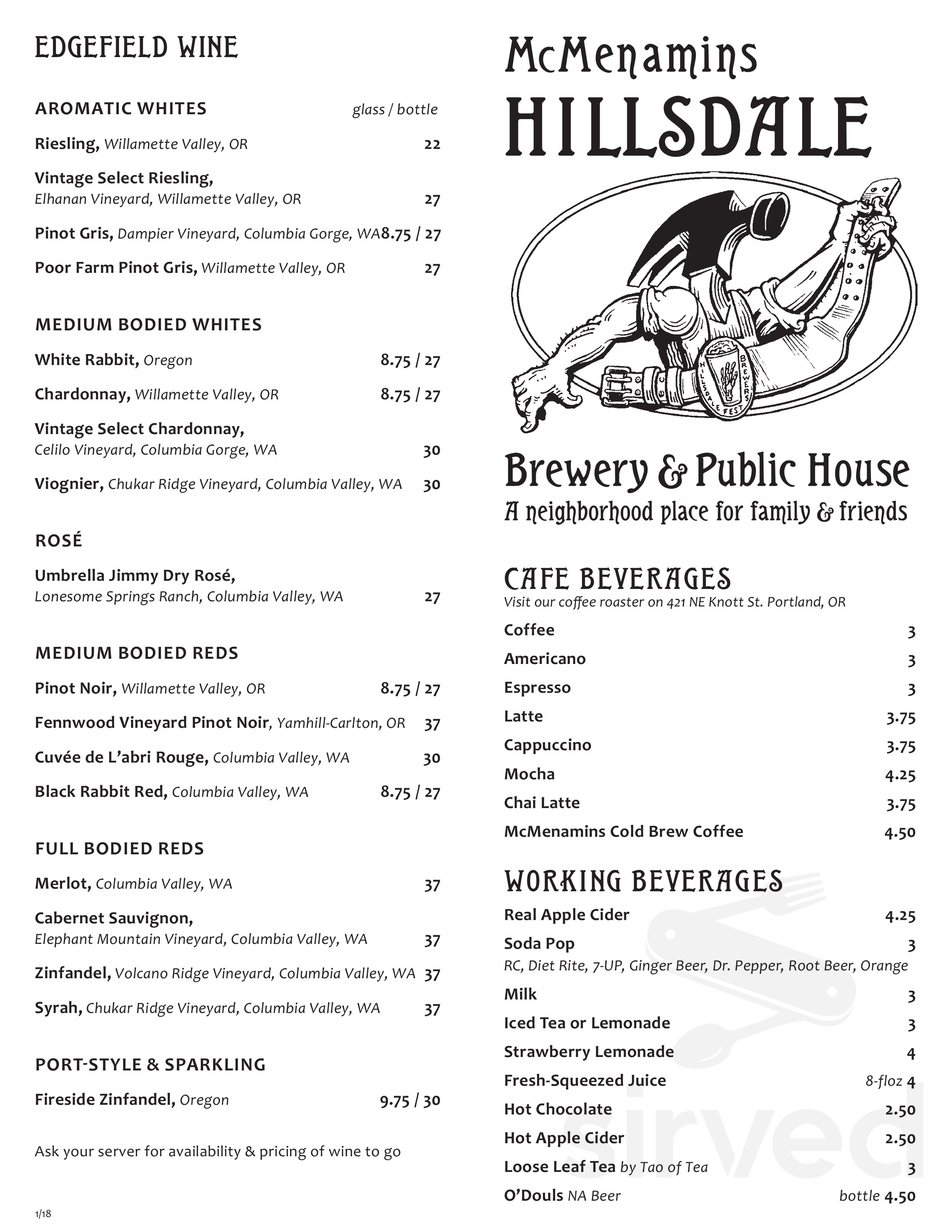 McMenamins Hillsdale Brewery & Public House menus in Portland, Oregon ...